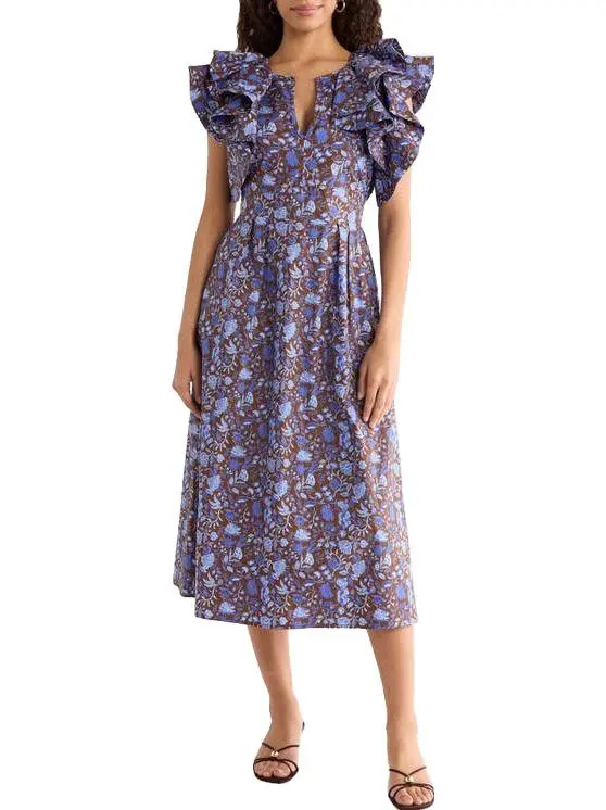 SUGARLIPS Abstract Printed Midi Dress - Brown-blue