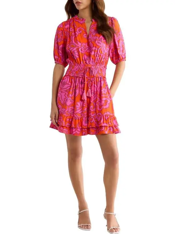 SUGARLIPS Marinda Floral Smocked Minidress - Orange-fuchsia