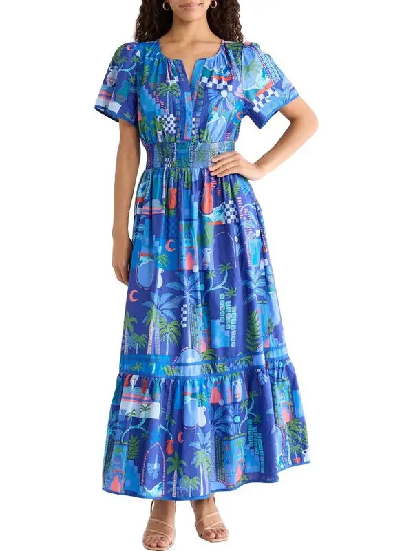 SUGARLIPS Punta Alta Ordy Smocked Midi Dress - Cobalt-combo