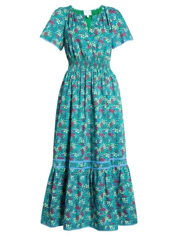 SUGARLIPS Punta Alta Ordy Smocked Midi Dress - Green-blues