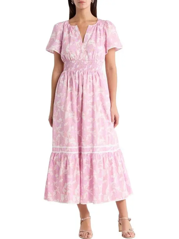SUGARLIPS Punta Alta Ordy Smocked Midi Dress - Pink-cream