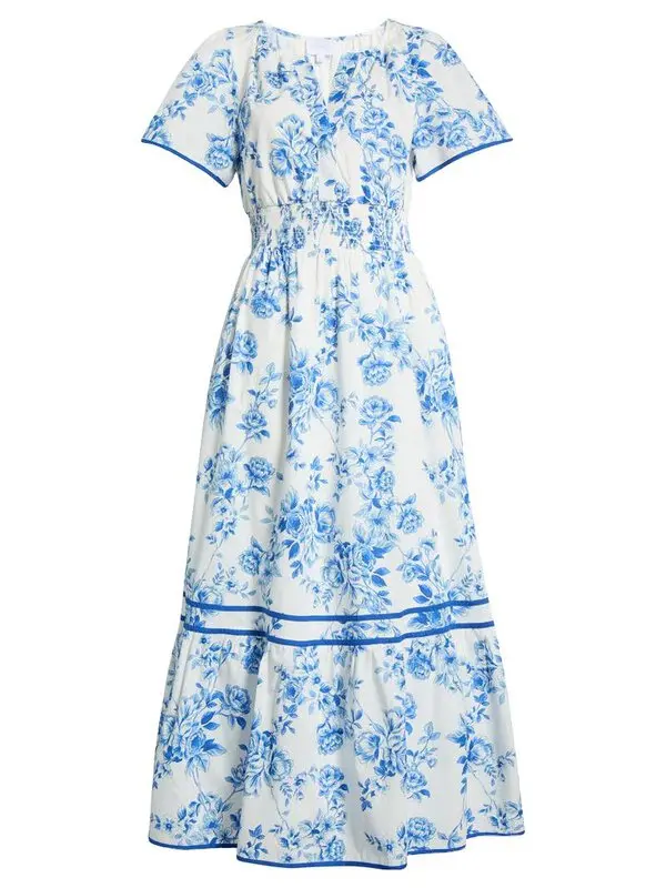 SUGARLIPS Punta Alta Ordy Smocked Midi Dress - White Blues