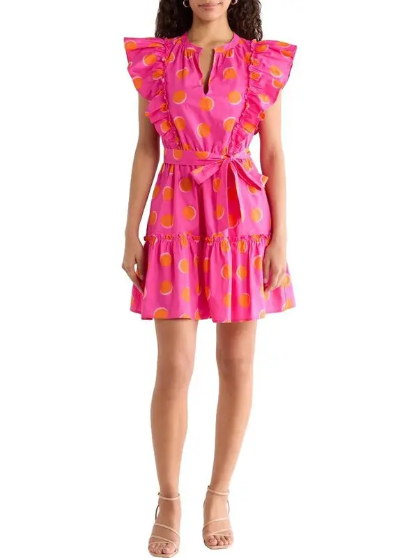 SUGARLIPS Polka Dot Ruffle Minidress - Fuchsia-orange-dot