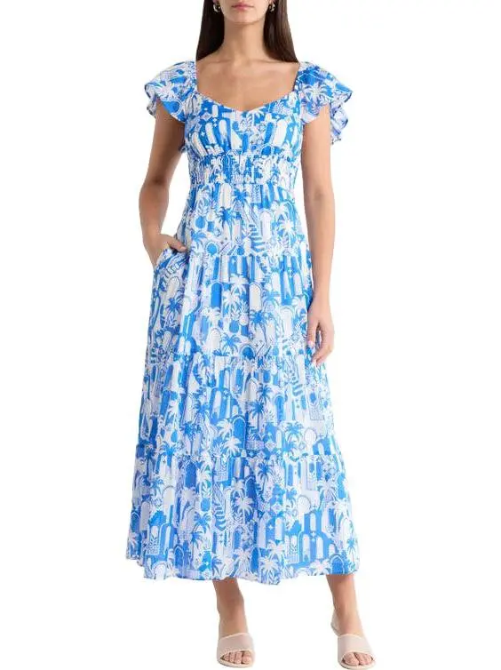 SUGARLIPS Nala Tiered Smocked Maxi Sundress - White-blue