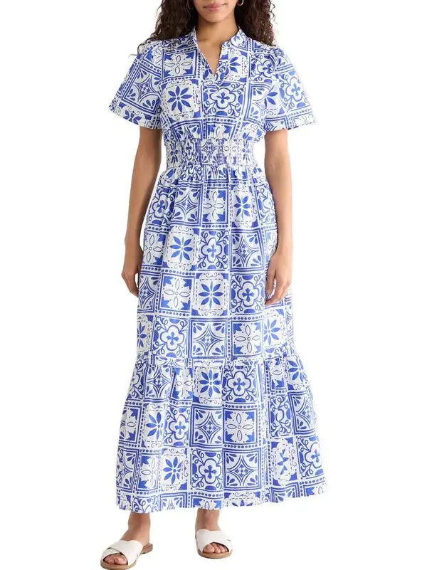 SUGARLIPS Floral Print A-line Dress - White-blues-combo