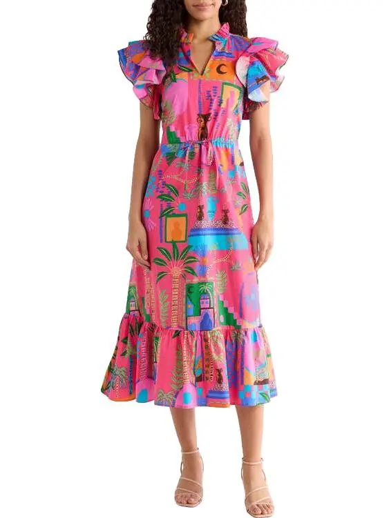 SUGARLIPS Lanus City Dillan Ruffle Midi Dress - Fuchsia-multi