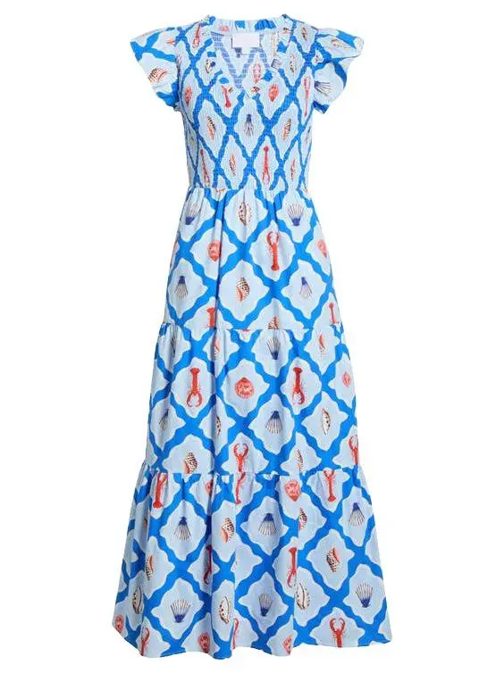 SUGARLIPS Lobster Bay Sunfire Smocked Cotton Tiered Maxi Dress - White Blue-multi