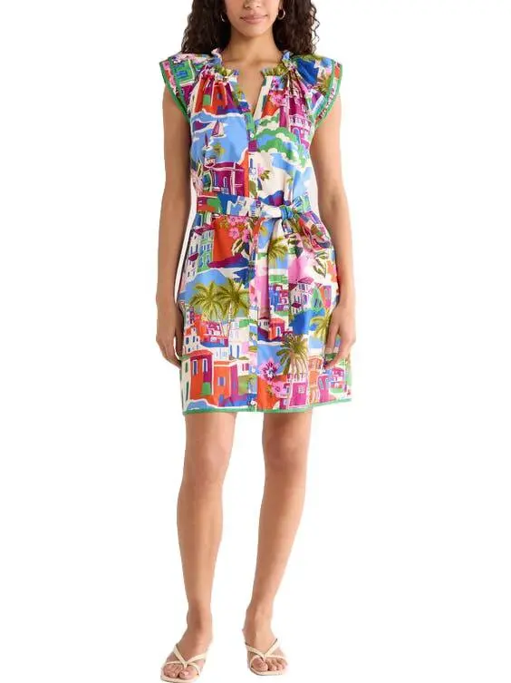 SUGARLIPS Rumi Town Print Minidress With Belt - Cream-blue-multi