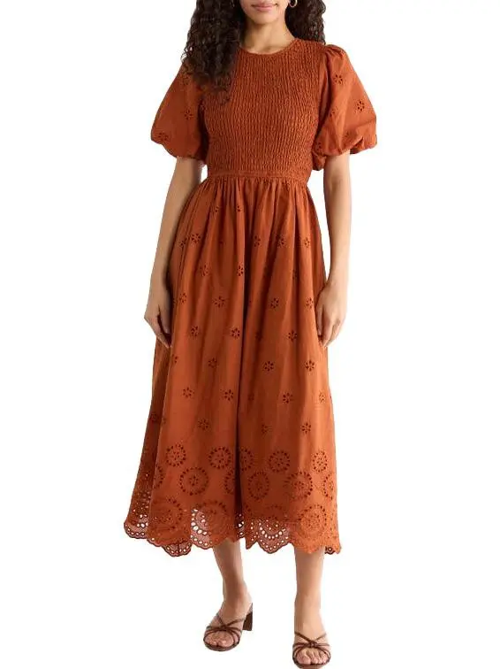 SUGARLIPS Deana Eyelet Smocked Midi Dress - Brown