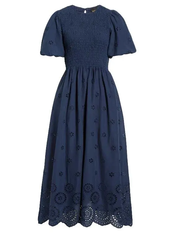 SUGARLIPS Deana Eyelet Smocked Midi Dress - Navy