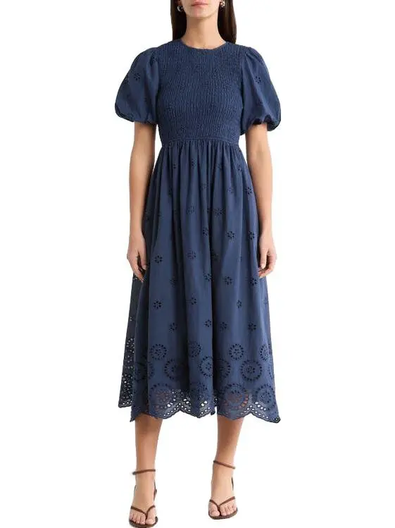 SUGARLIPS Deana Eyelet Smocked Midi Dress - Navy