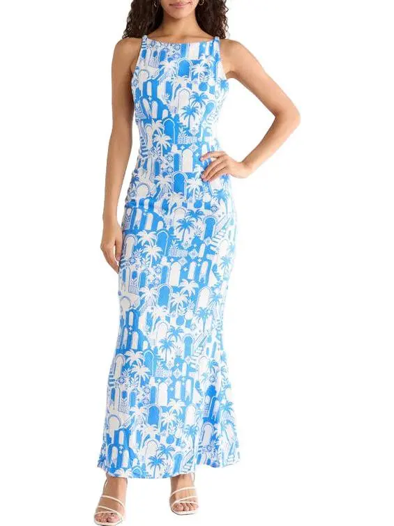 SUGARLIPS Amalfi Coast Mizie Open Back Maxi Dress - Blue-multi