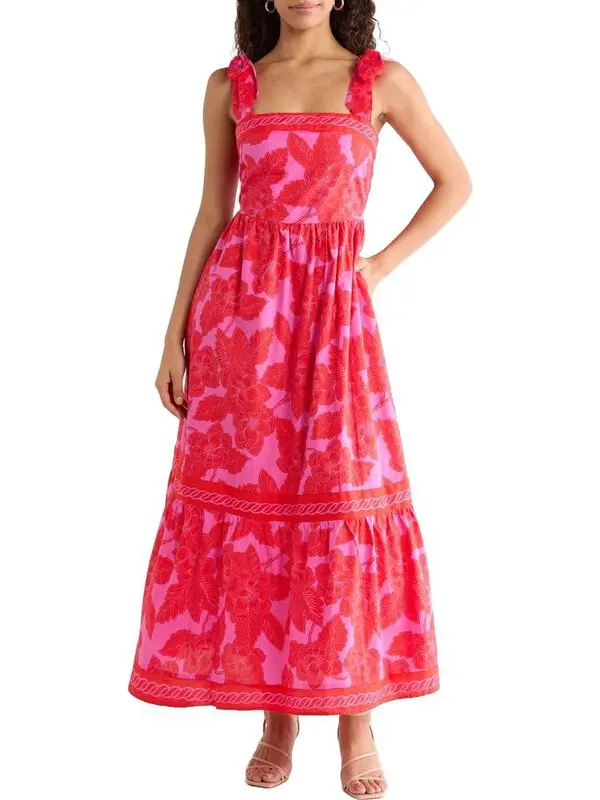 SUGARLIPS Floral Tiered Cotton Maxi Sundress - Fuchsia-red