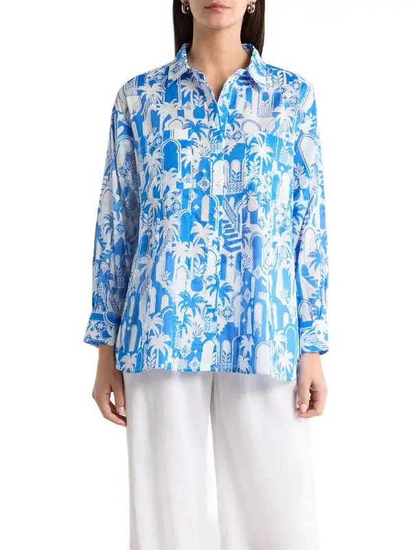 SUGARLIPS Printed Cotton Button-up Shirt - White-blue