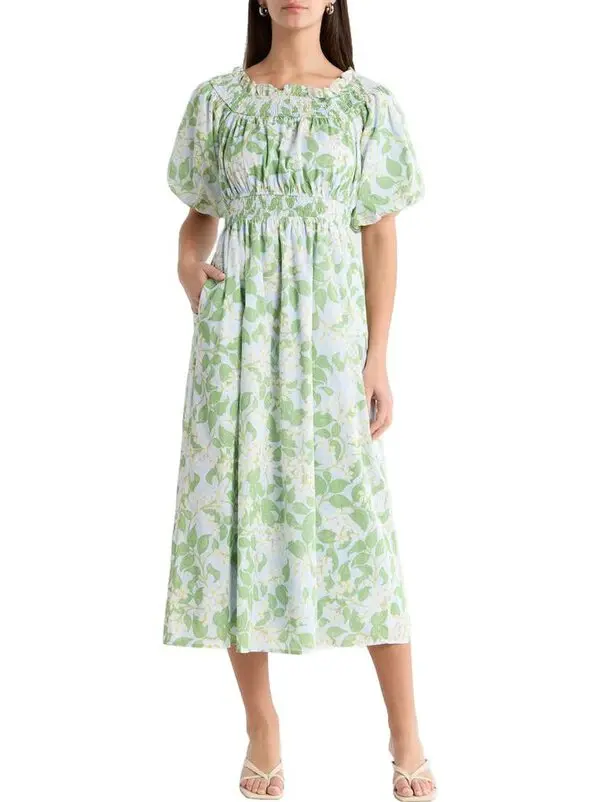 SUGARLIPS Floral Cotton Off-the-shoulder Midi Dress - Light-blue-green