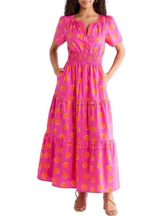 SUGARLIPS Rosy Polka Dot Tiered Cotton Poplin Maxi Dress - Fuchsia-orange-dot