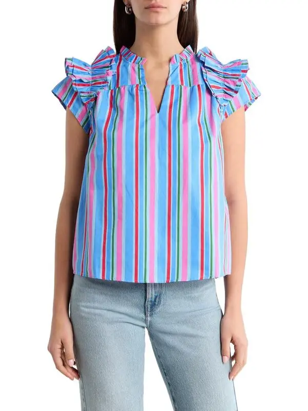 SUGARLIPS Jaimie Stripe Ramona Ruffle Top - Pink-blue-green