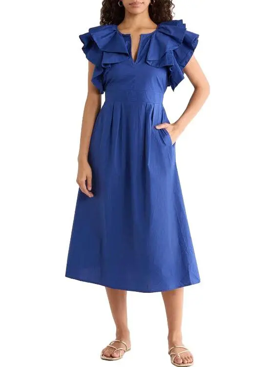 SUGARLIPS Santana Ruffle Sleeve Cotton Dress - Navy
