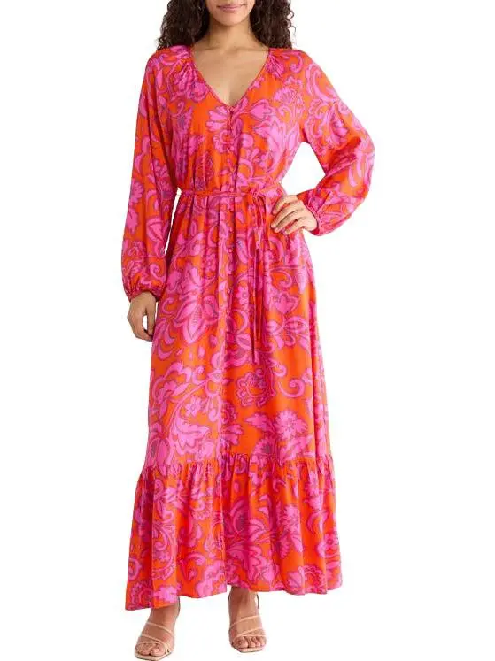 SUGARLIPS Floral Print Long Sleeve Maxi Dress - Orange-fuchsia