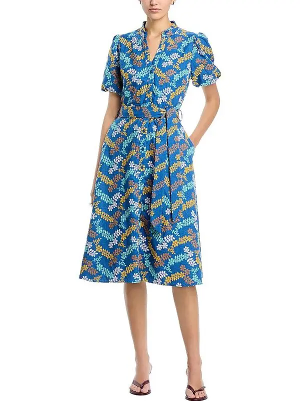 T Tahari Split Neck Fit & Flare Dress - Denim/ Multi