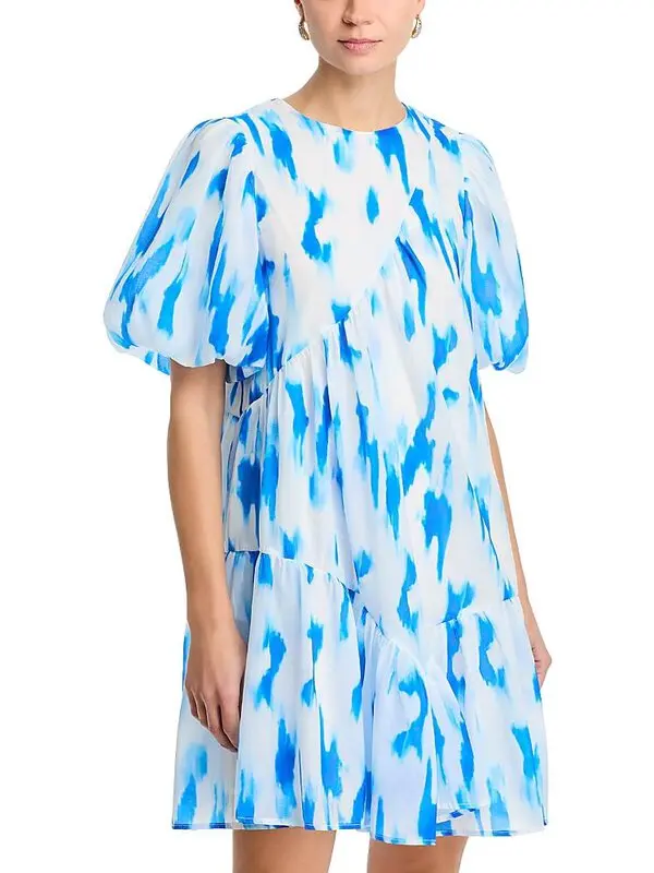NANCY YANG Puff Sleeve Dress - Blue/ White