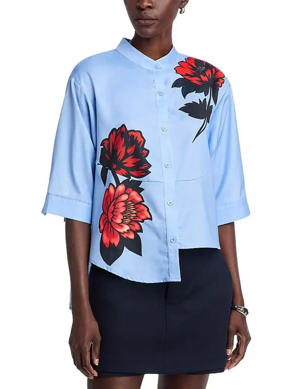 NANCY YANG Band Collar Elbow Sleeve Shirt - Blue