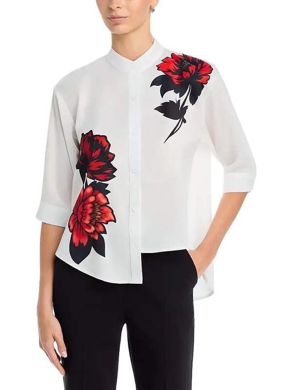 NANCY YANG Band Collar Elbow Sleeve Shirt - White