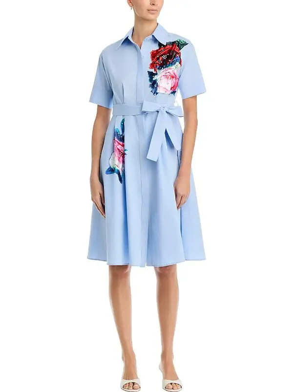 NANCY YANG Floral Embroidered Shirt Dress - Blue