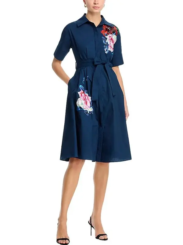 NANCY YANG Floral Embroidered Shirt Dress - Navy