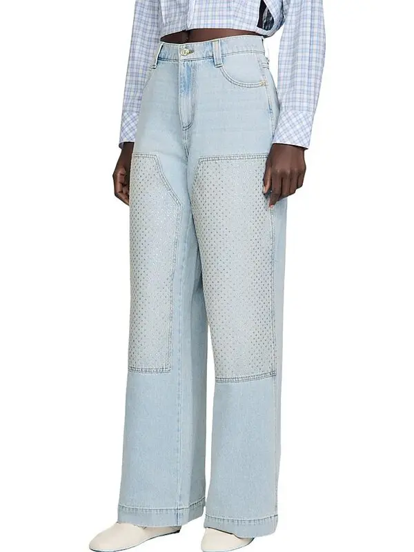 Sandro High-rise Straight Leg Jeans With Crystal Patch - Light Blue Jean