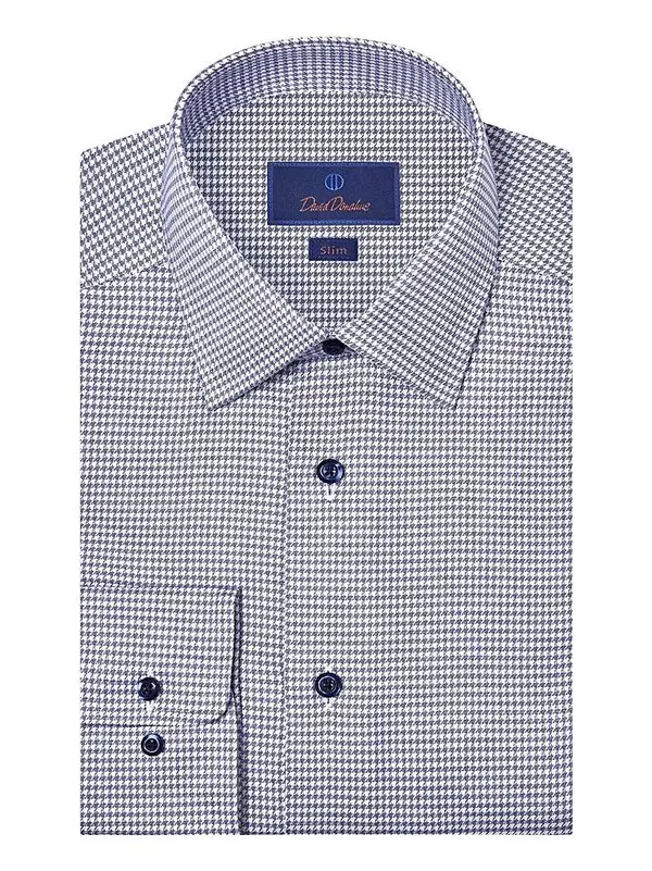 David Donahue Slim Fit Stretch Twill Micro Check Dress Shirt - Navy/ White