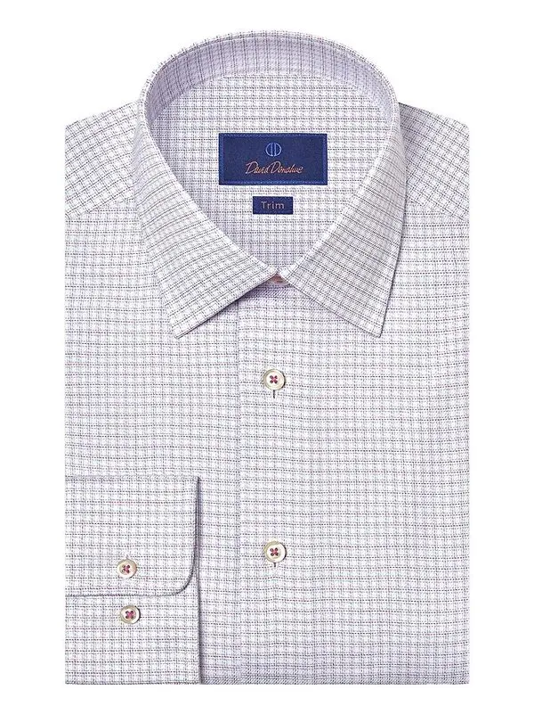 David Donahue Trim Fit Stretch Twill Check Dress Shirt - White/ Berry