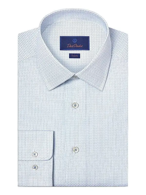 David Donahue Trim Fit Dobby Micro Grid Dress Shirt - White/ Blue