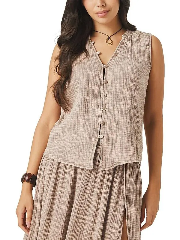 Splendid Ava Gauze Button Front Tank - Light Wicker