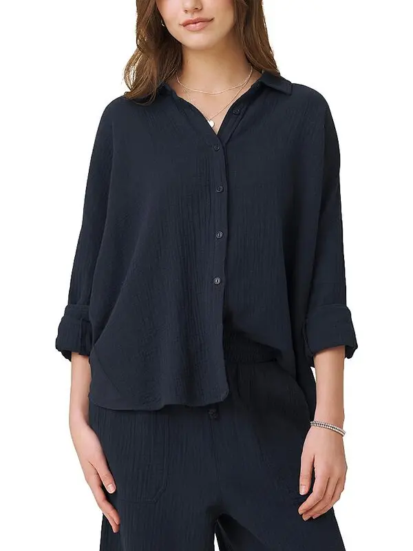 Splendid Ava Gauze Button Down Shirt - Navy