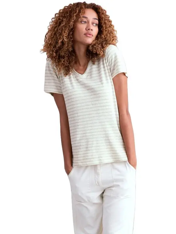 CELTIC & CO. Relaxed V-neck Linen Blend T-shirt - Ecru Oatmeal Stripe