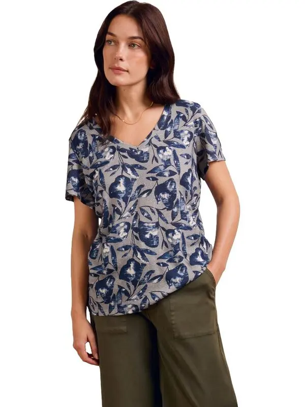 CELTIC & CO. Relaxed V-neck Linen Blend T-shirt - Mid Blue Leaf
