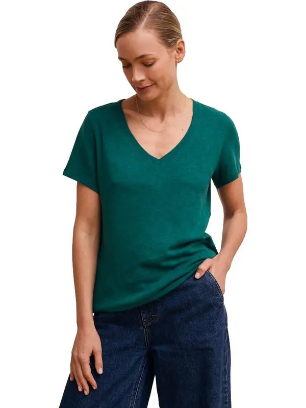 CELTIC & CO. Relaxed V-neck Linen Blend T-shirt - Teal