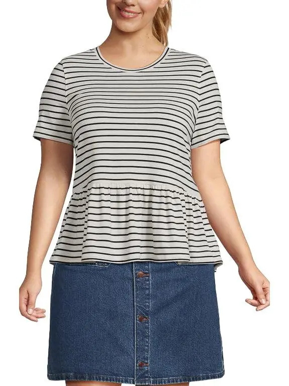 LANDS' END Short Sleeve Peplum Tee - Ivory/black Stripes