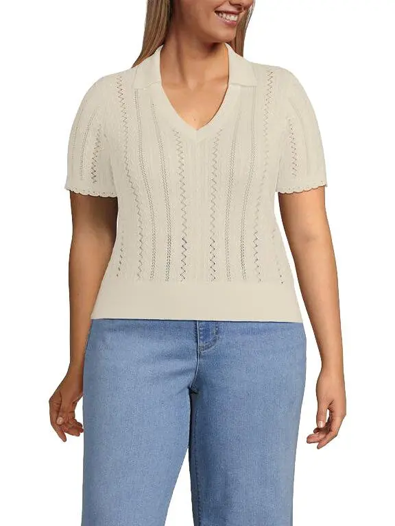 LANDS' END Fine Gauge Cotton Pointelle Polo Sweater - Fresh Ivory