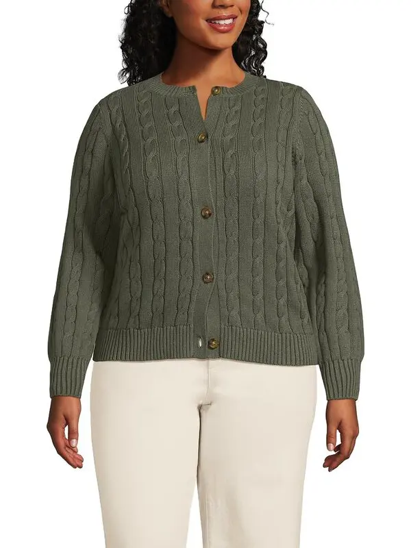 LANDS' END Classic Cable Crew Neck Cardigan - Forest Moss