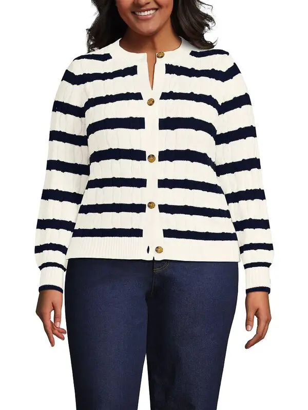 LANDS' END Classic Cable Crew Neck Cardigan - Ivory/navy Coastal Stripe