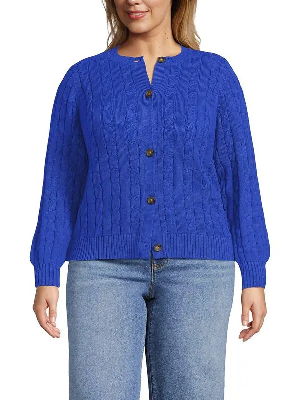 LANDS' END Classic Cable Crew Neck Cardigan - Vibrant Lapis