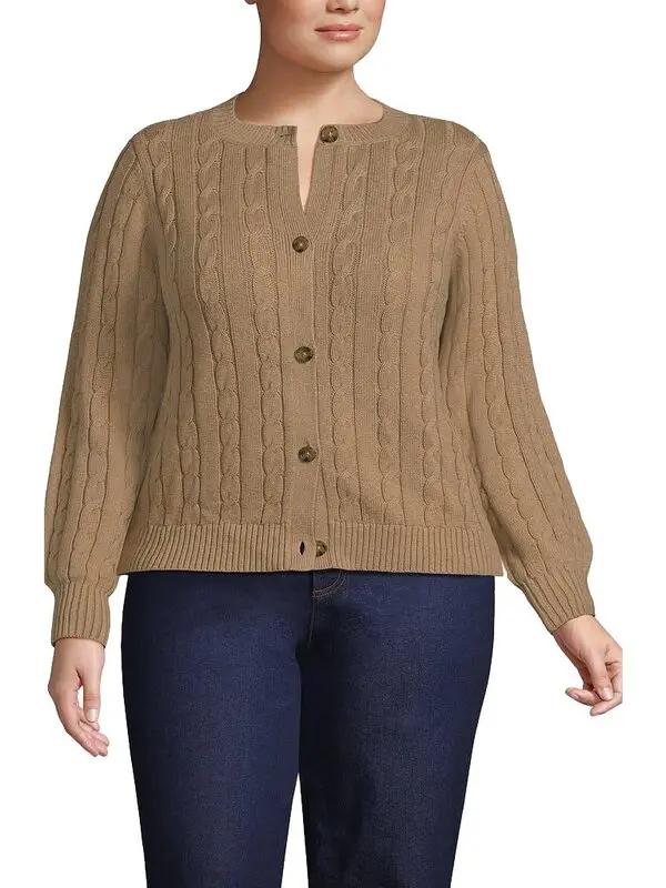 LANDS' END Classic Cable Crew Neck Cardigan - Vicuna Heather