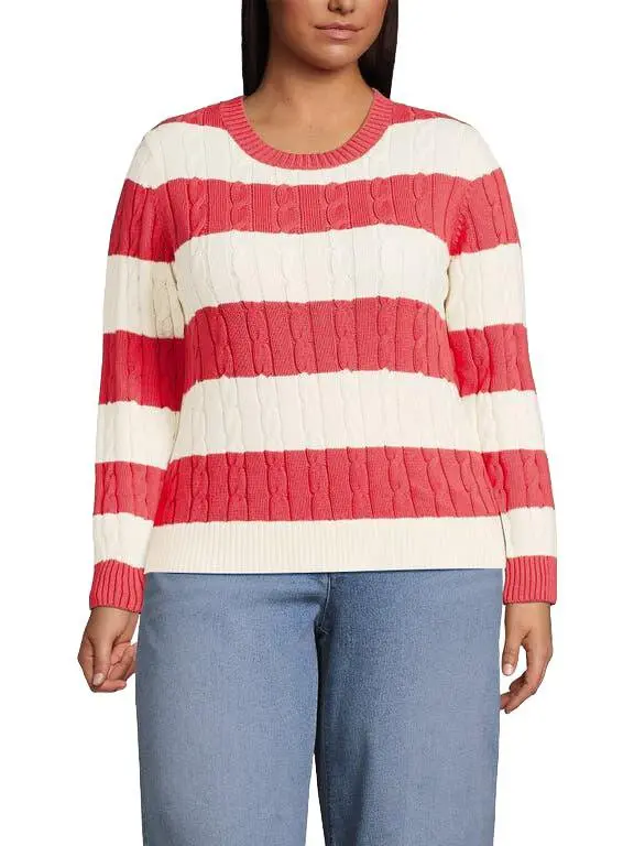 LANDS' END Cotton Cable Crewneck Sweater - Dusk Sea Coral/ivory Rugby