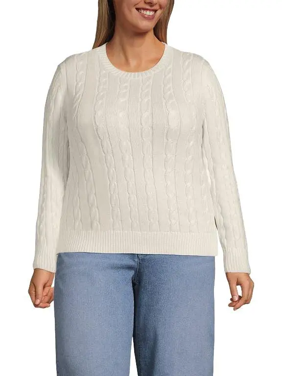 LANDS' END Drifter Classic Cable Crew Neck Sweater - Fresh Ivory