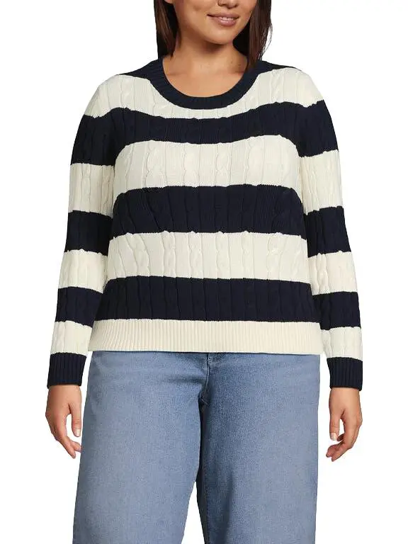 LANDS' END Cotton Cable Crewneck Sweater - Navy/ivory Rugby Stripe