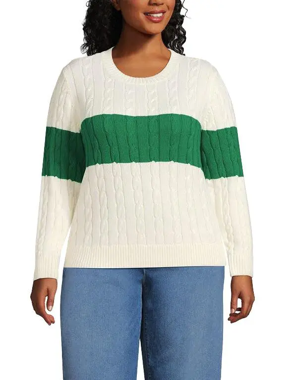 LANDS' END Cotton Cable Crewneck Sweater - Single Stripe/vibrant Clover
