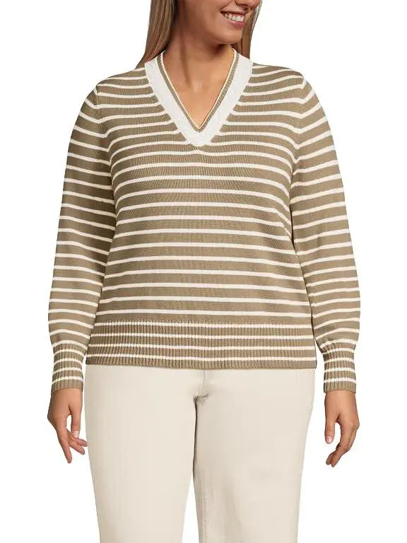 LANDS' END V-neck Cotton Sweater - Champagne/ivory Mini Stripe