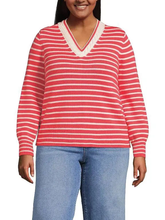 LANDS' END V-neck Cotton Sweater - Coral/ivory Mini Stripe